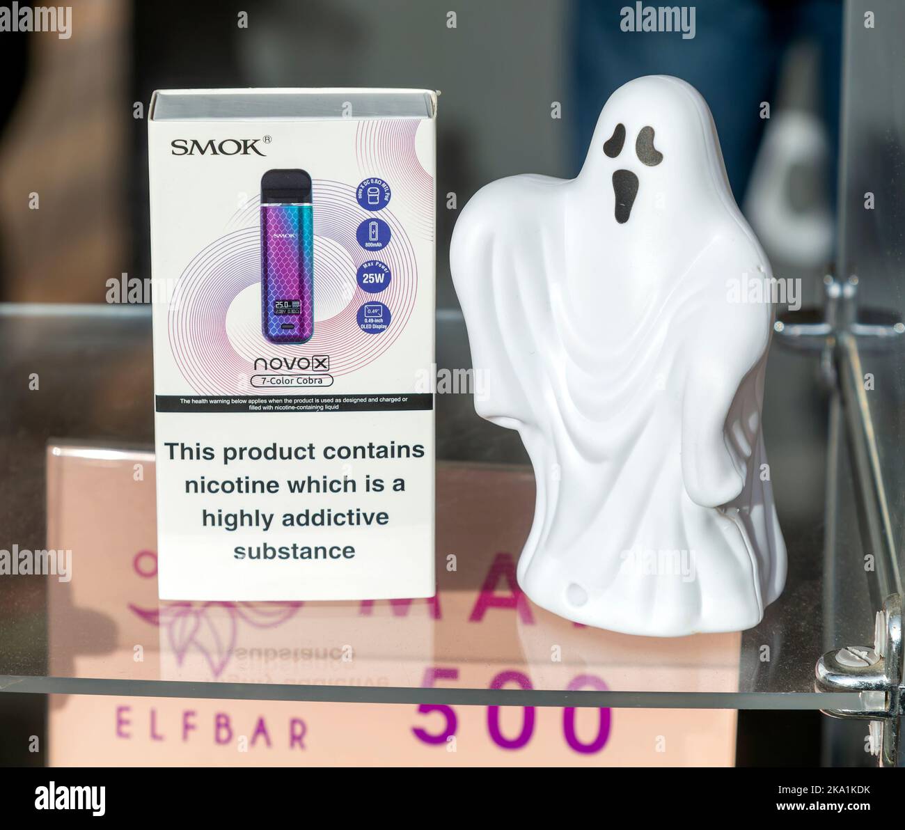 Smok NOVO X nicotine vaping product shop window display, England, UK ...