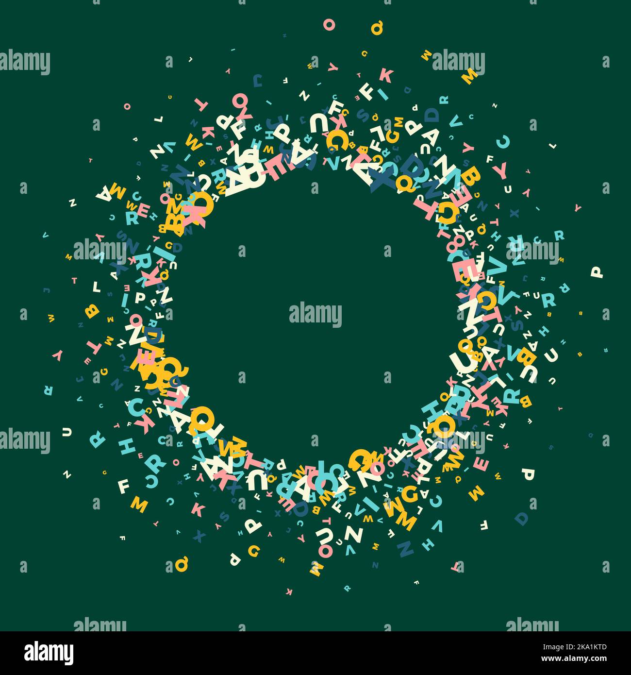 Falling letters of English language. Light flying words of Latin ...