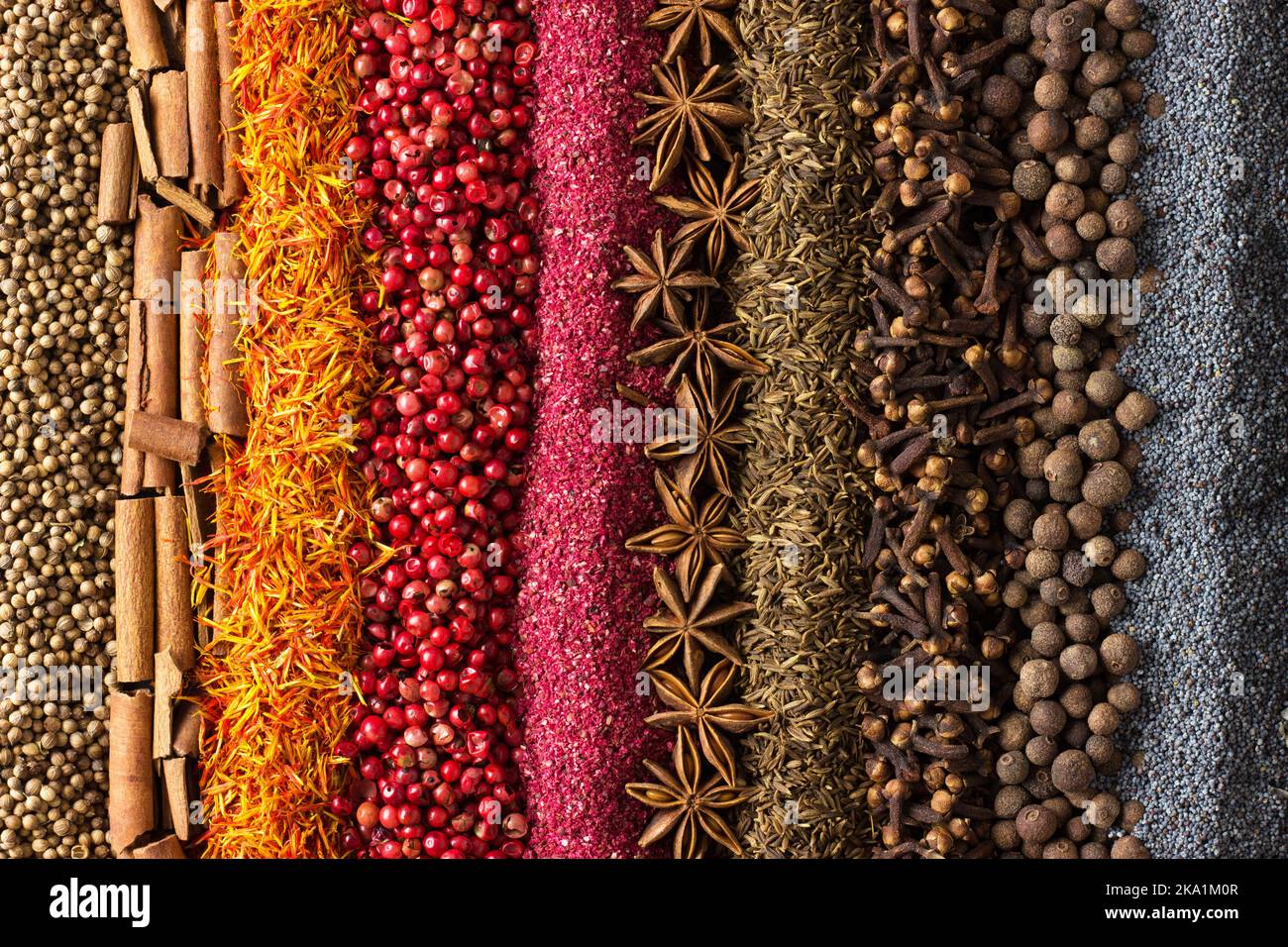 collection of condiments scattered on the table. Spice background for ...