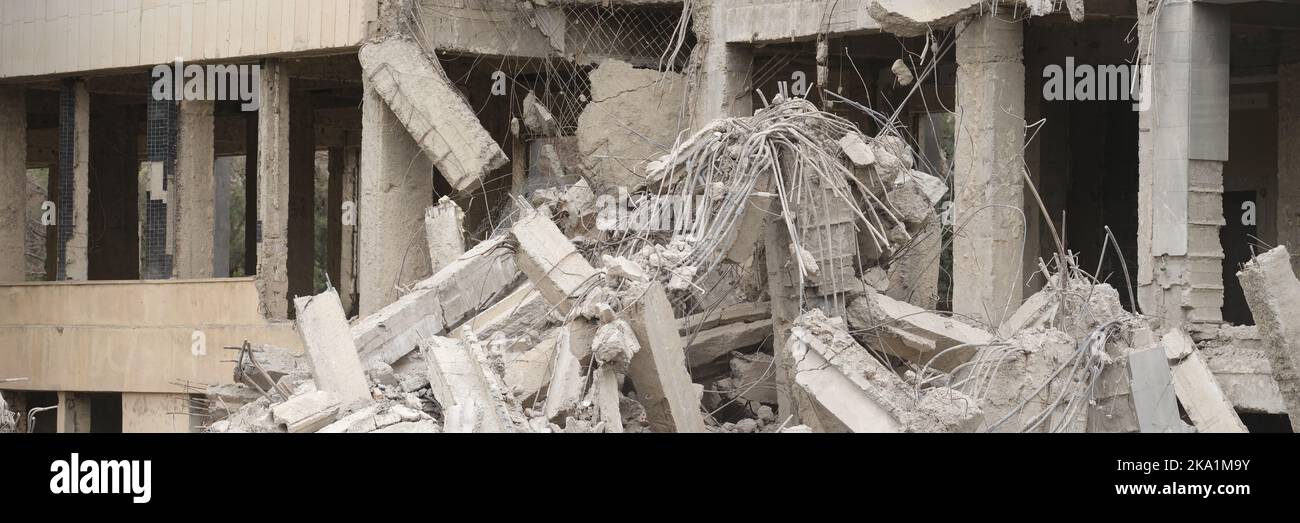 Destruction of city buildings damaged concrete structure during war ...