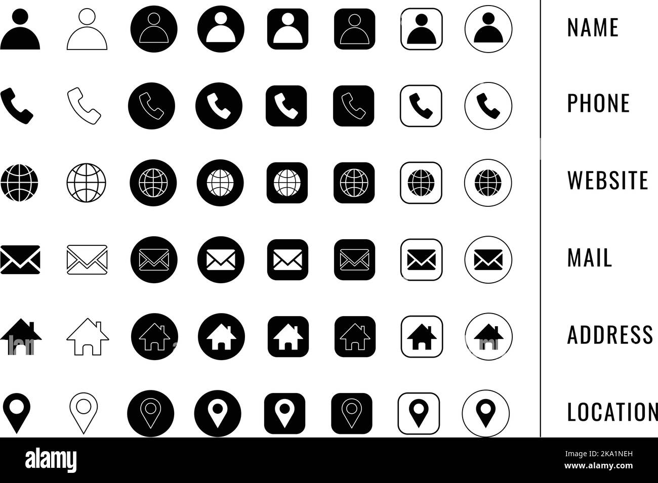 business card icon set. name, phone, address, mail, web, location Stock ...