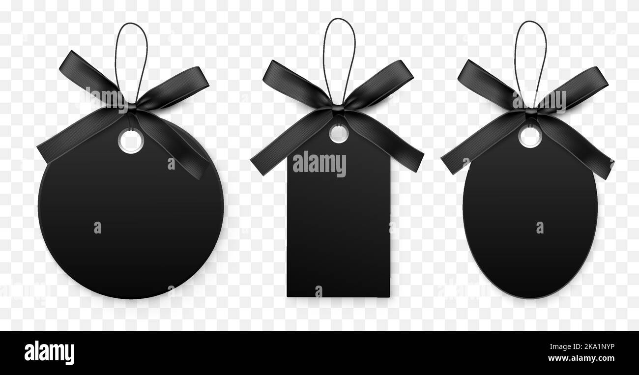 Blank sale label with black bow and black ribbon isolated on white ...