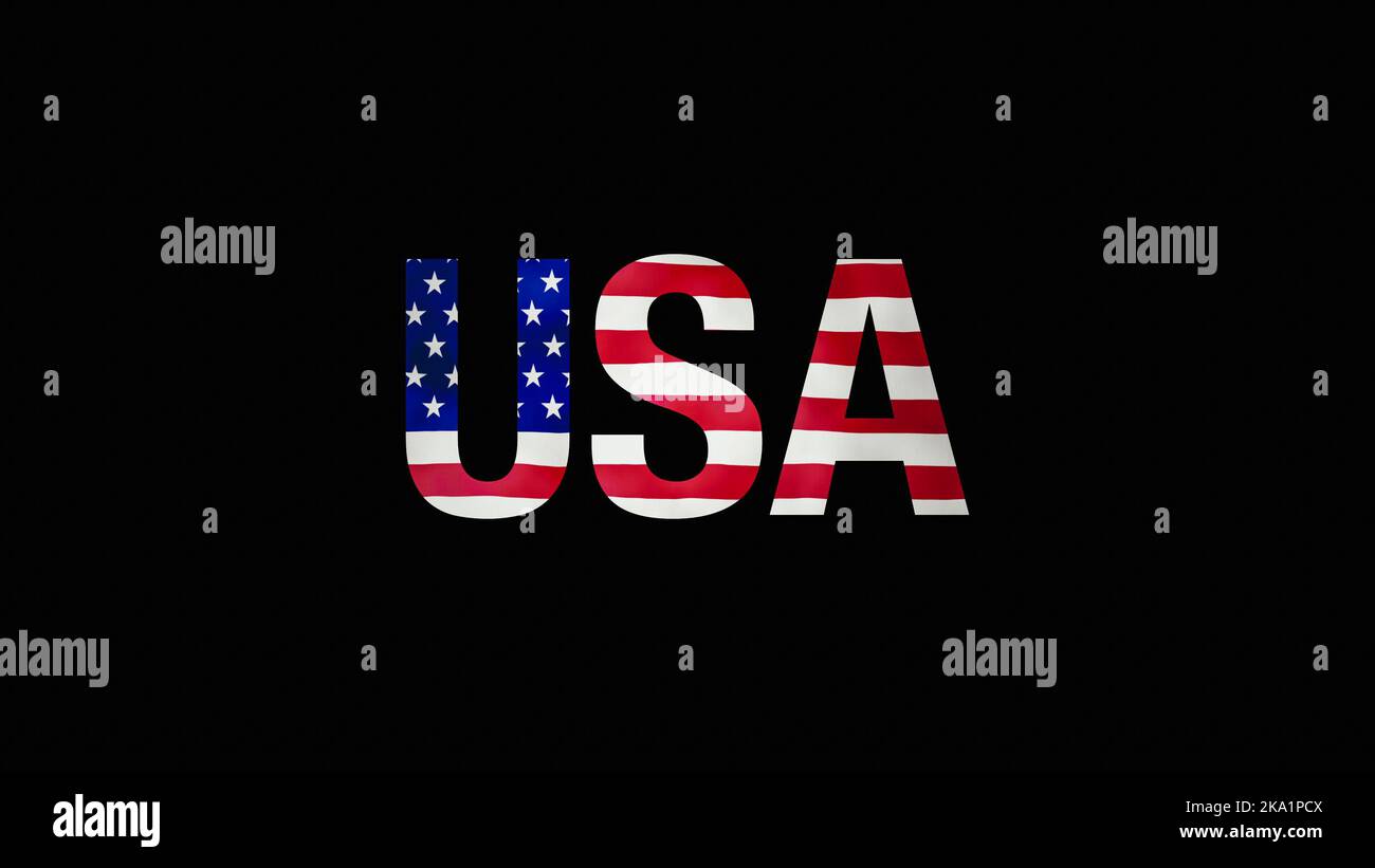 USA word with USA flag texture on black background Stock Photo - Alamy