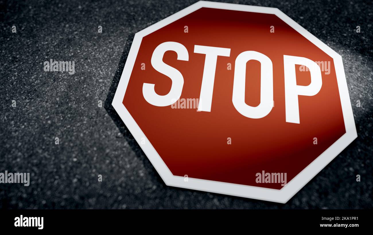 3D-Illustration of octagon road sign with white Stop inscription placed ...