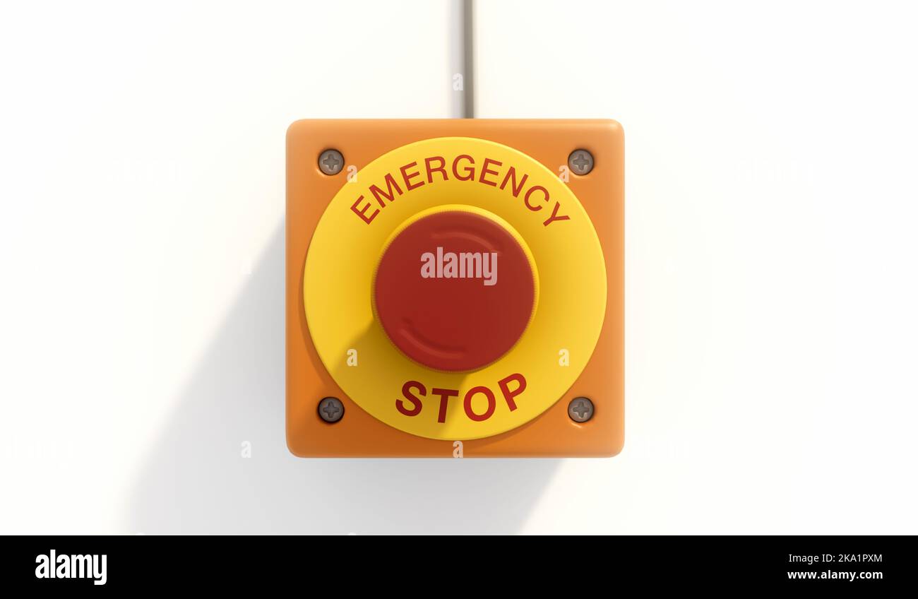 3D-Illustration of orange and yellow kill switch button for manual ...