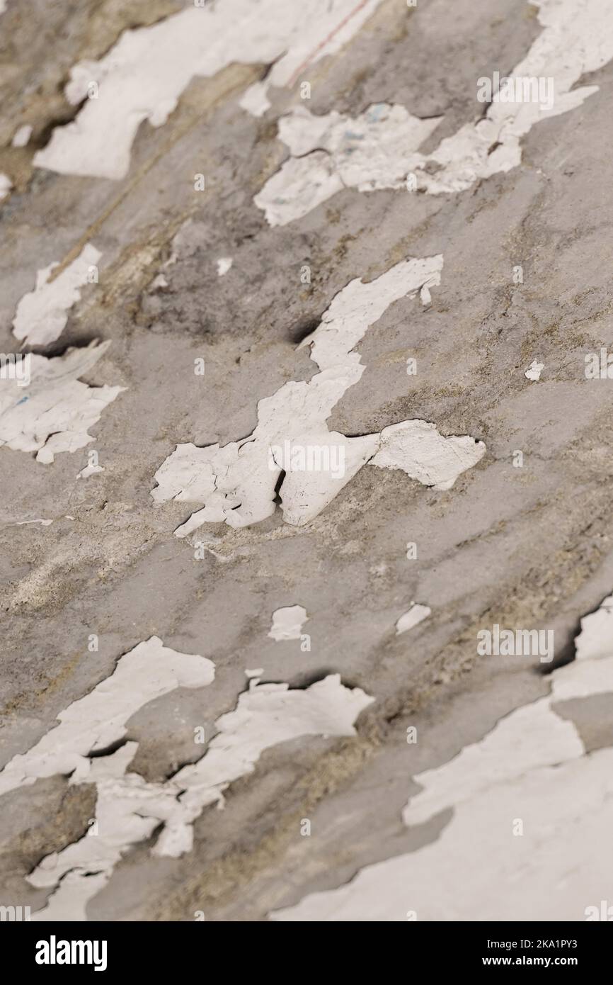 Peeling rotting old ceiling. Cracked damp moldy home surface for ...