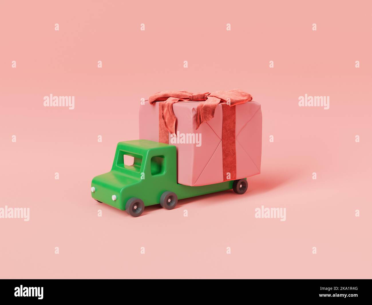 3D illustration of green toy lorry carrying wrapped present against ...