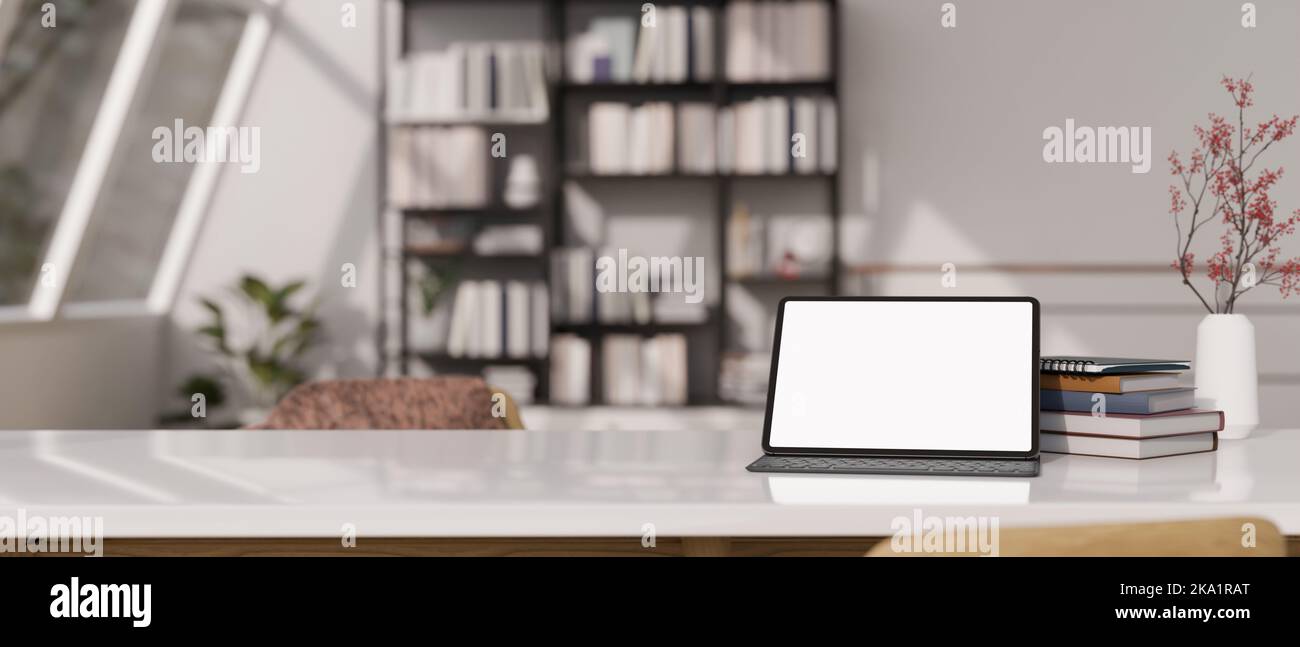 Portable digital tablet white screen mockup with wireless keyboard and ...