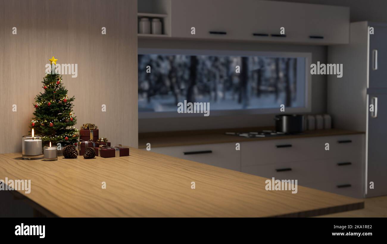 Copy space on modern wooden kitchen tabletop or kitchen islands with ...