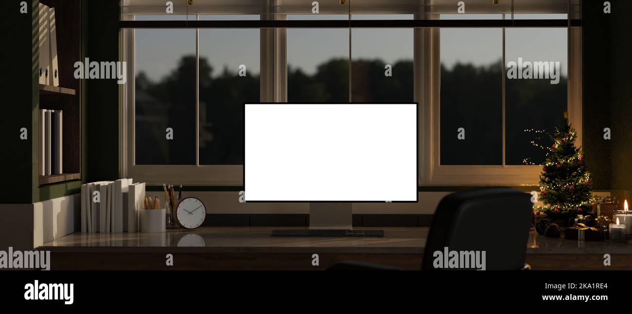 Modern home working space against the window at night interior design ...