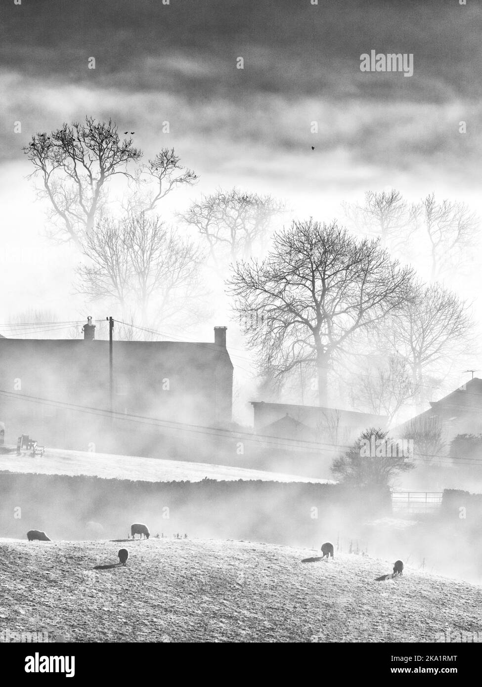 Monochrome image of Buckden village rooftops in Wharfedale, North ...