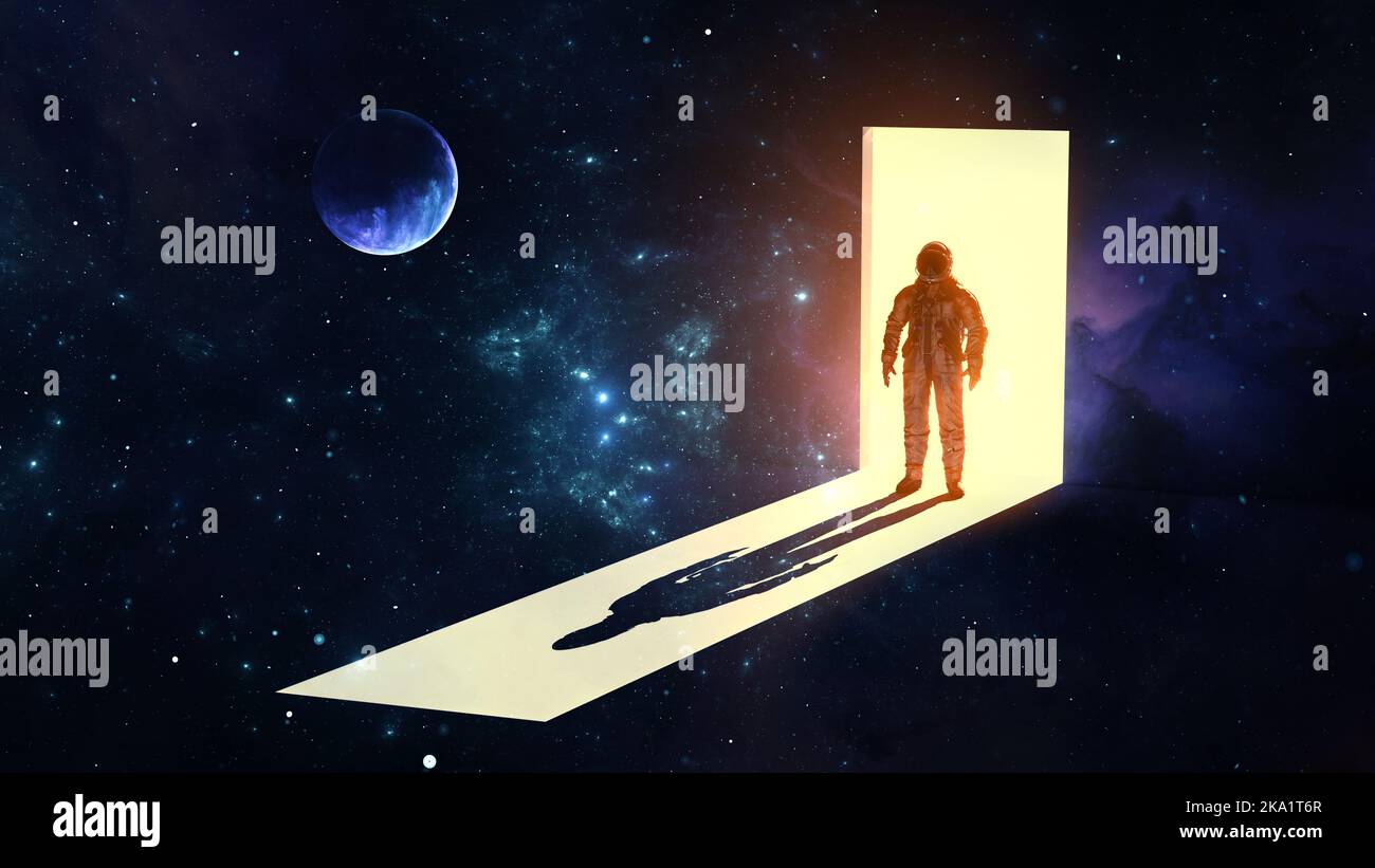 Astronaut cosmonaut stands in doorway from light into darkness of space ...