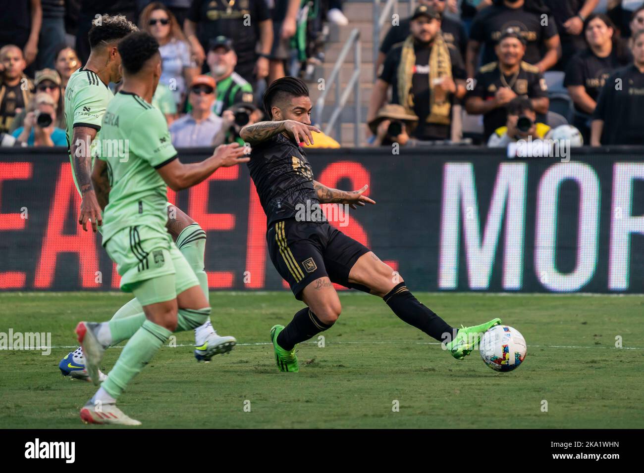 Los Angeles FC forward Cristian Arango (9) sends a cross during the MLS ...