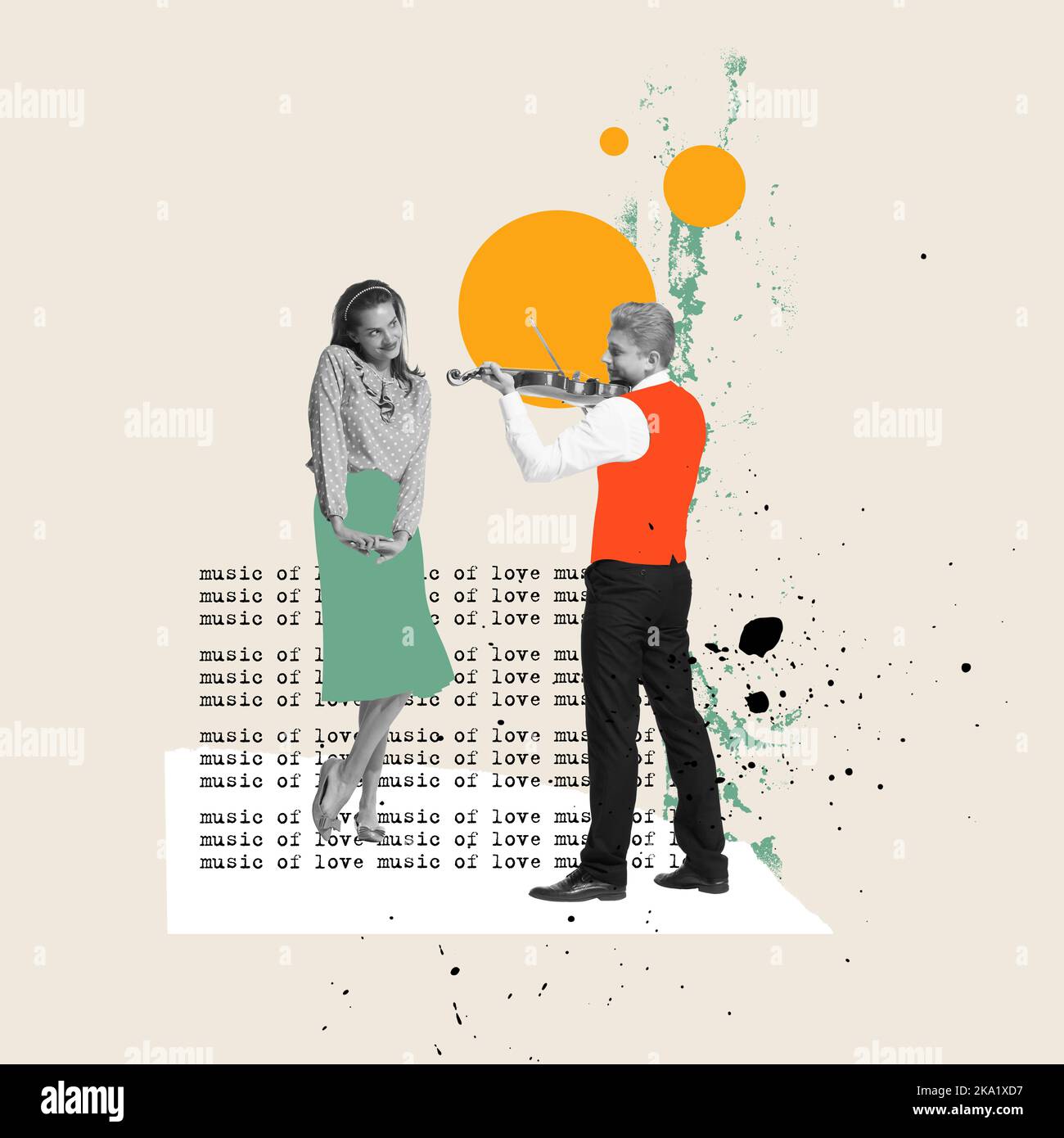 Music of love. Young couple in love stranding on abstract background ...