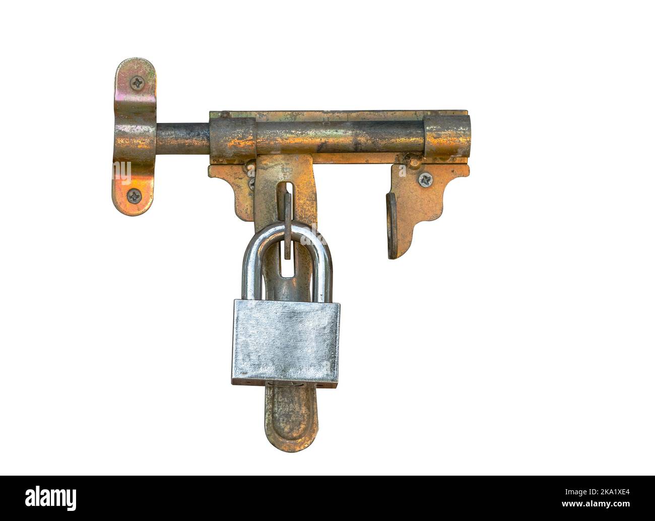 Isolated old padlock and bolt on white background, silver color padlock ...