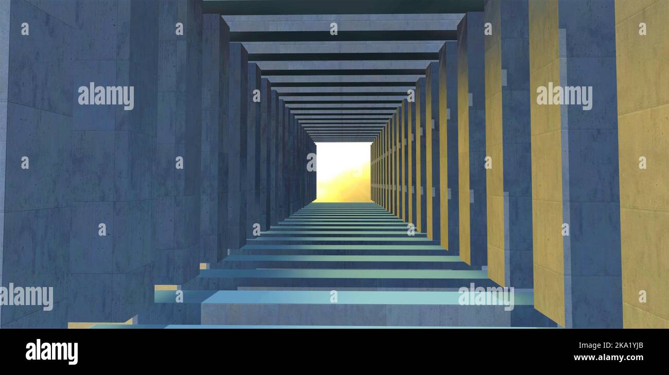 A light in the end of a tunnel. Concrete square structures are lined up ...