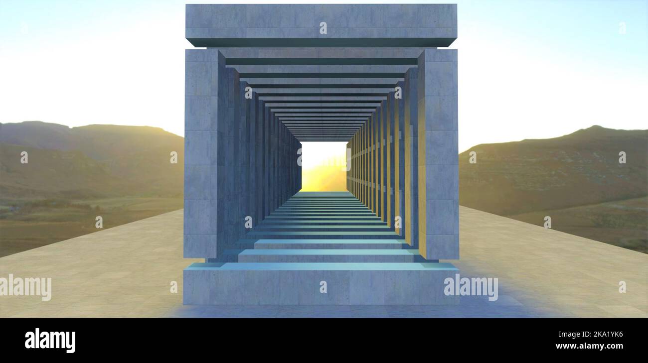A portal to another dimension made of concrete-like material. Sunrise ...