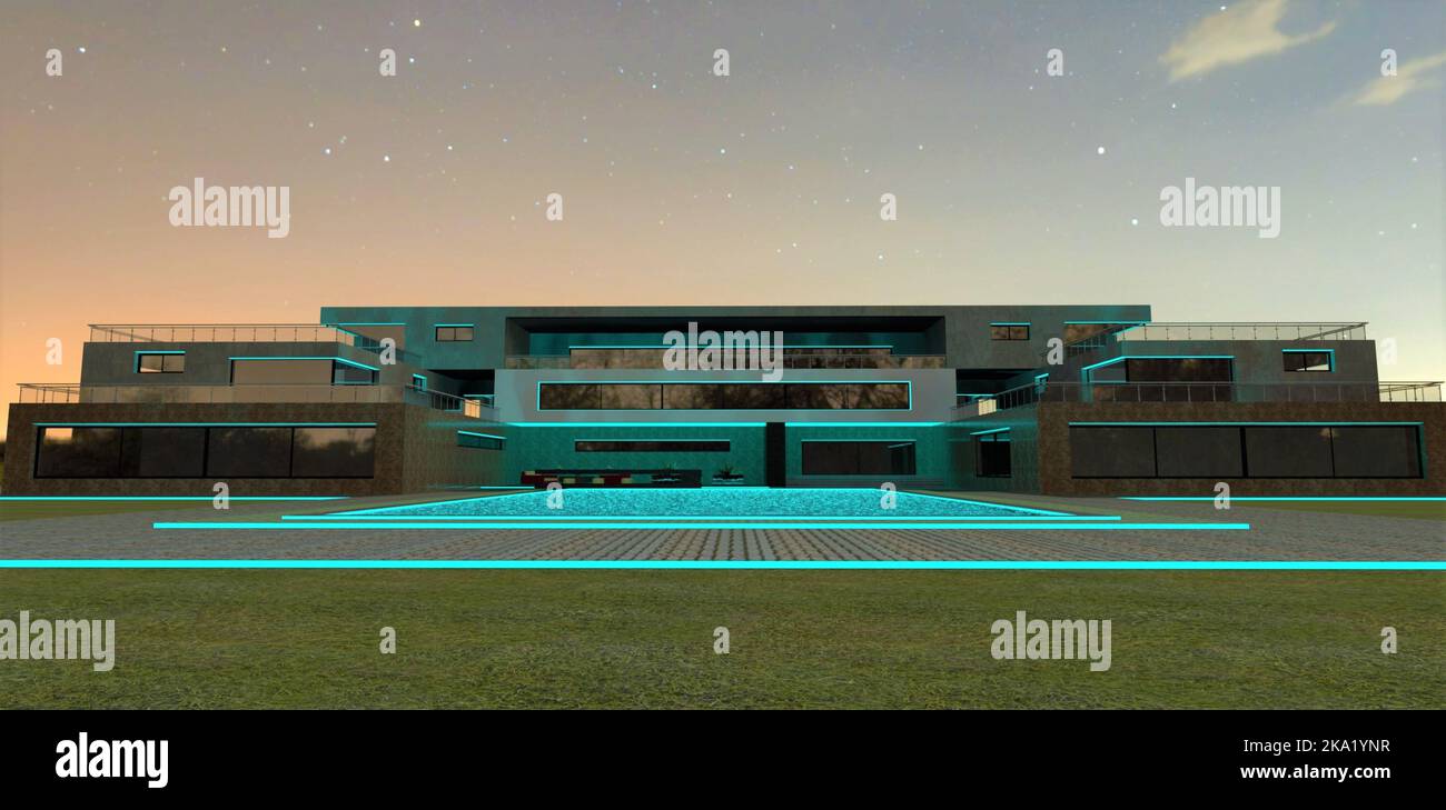 Luxurious designer villa illuminated with turquoise LED strip on a deep ...