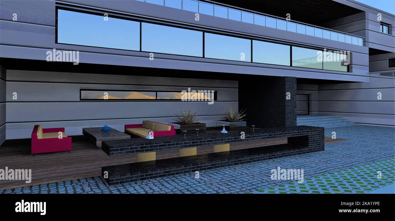 A cozy recreational area on the territory of a newly built smart home ...