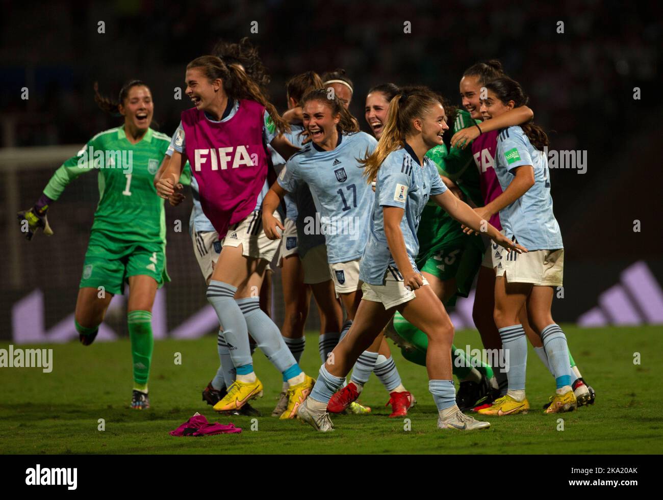 Navi Mumbai, India. 30th Oct, 2022. Players of Spain celebrate after ...