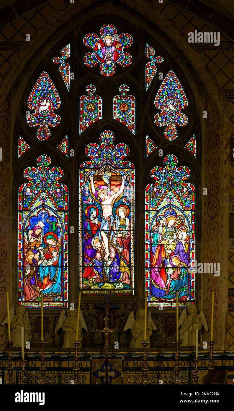 Stained glass window of Crucifixion, Resurrection, Nativity Saint Peter ...