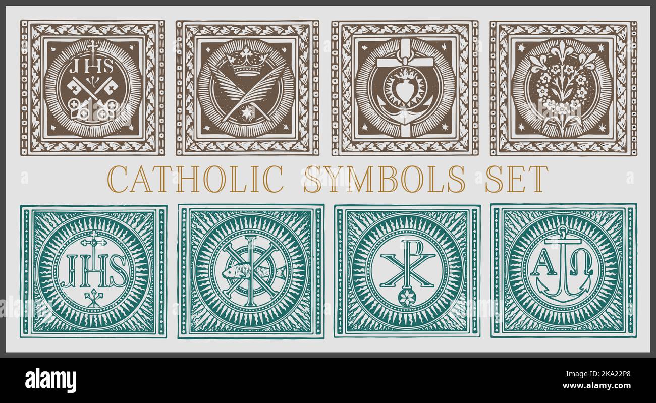 Catholic Symbols vector set of 4, vintage engraving. Catholic symbolism ...