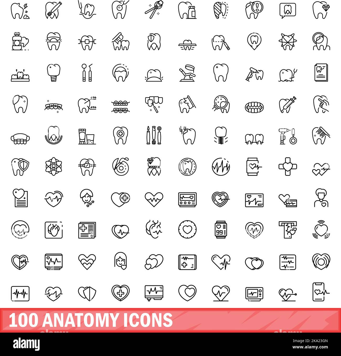 100 anatomy icons set. Outline illustration of 100 anatomy icons vector ...
