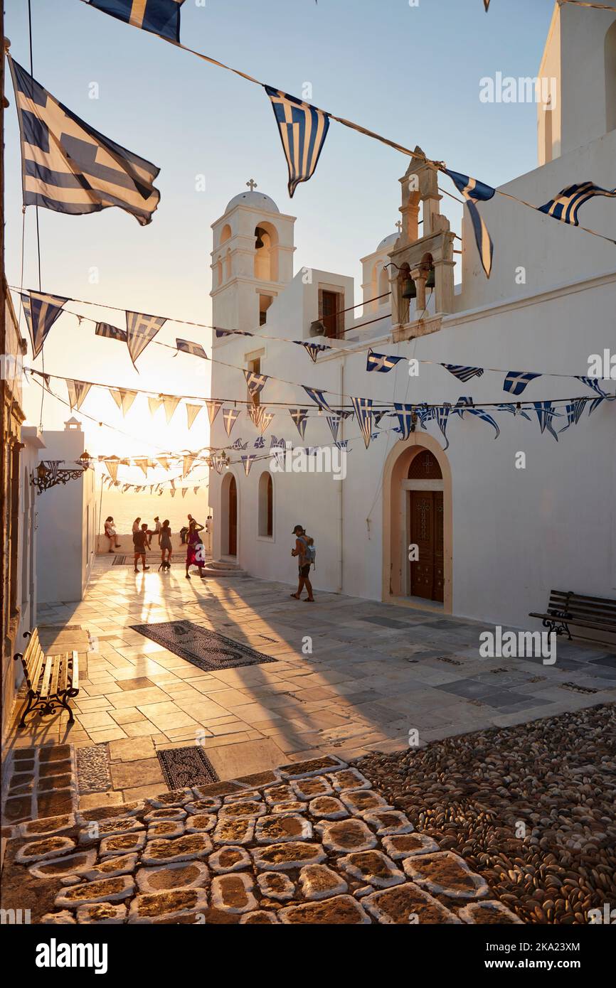 Church square decorated with greek flag pennants Stock Photo - Alamy