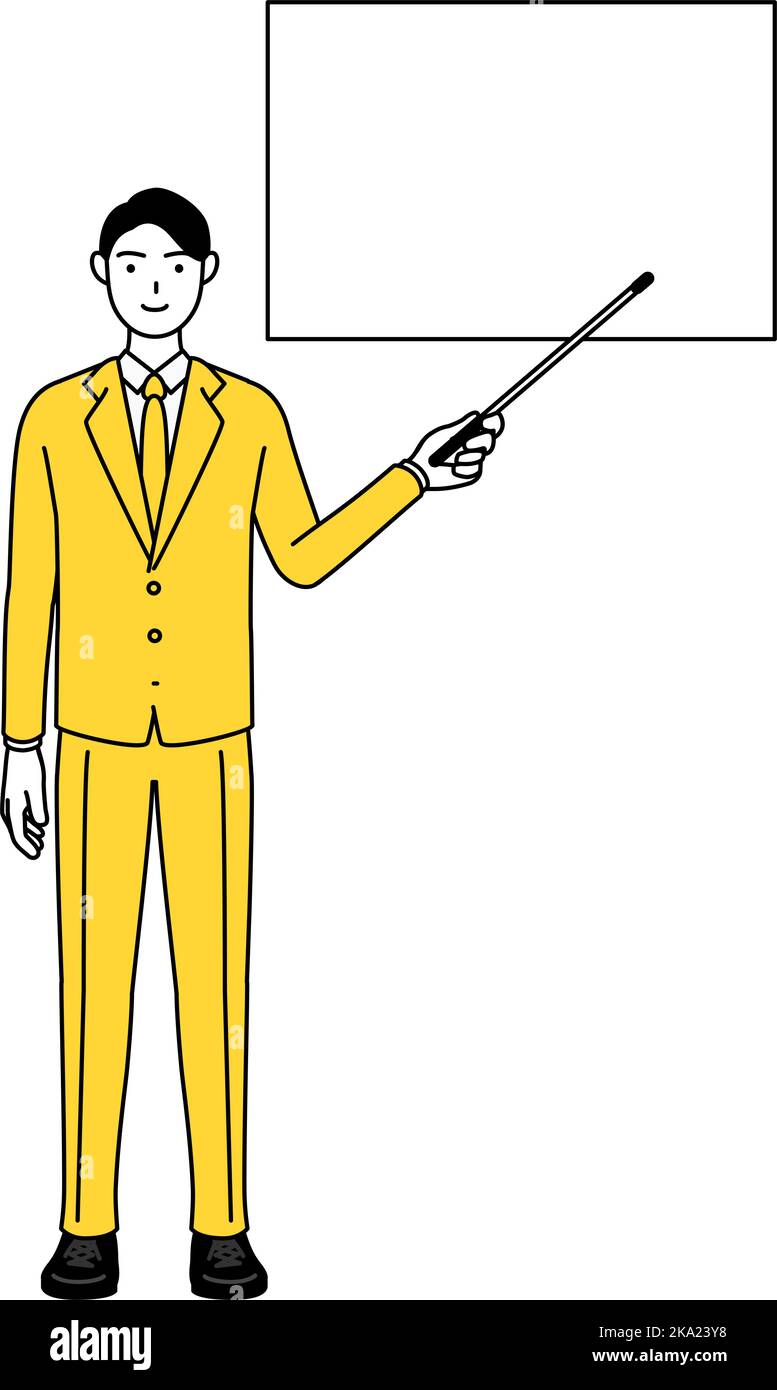 Simple line drawing illustration of a businessman in a suit pointing at ...