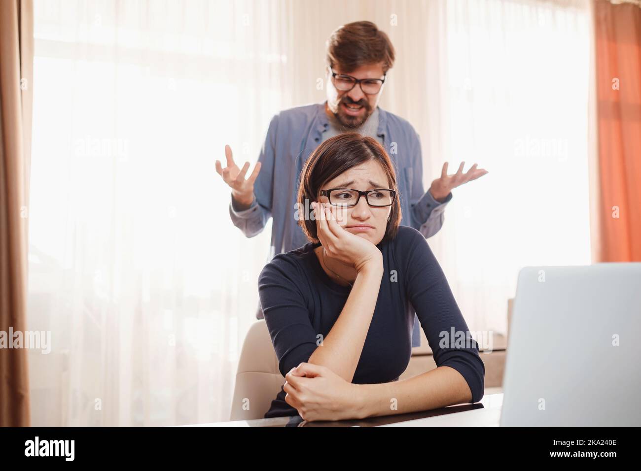 Portrait of attractive mad furious coworkers having fight crisis, scolding finance fail failure ...