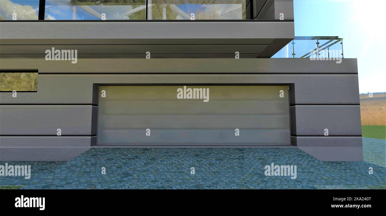 Design of the entrance to the garage in an advanced smart country house ...