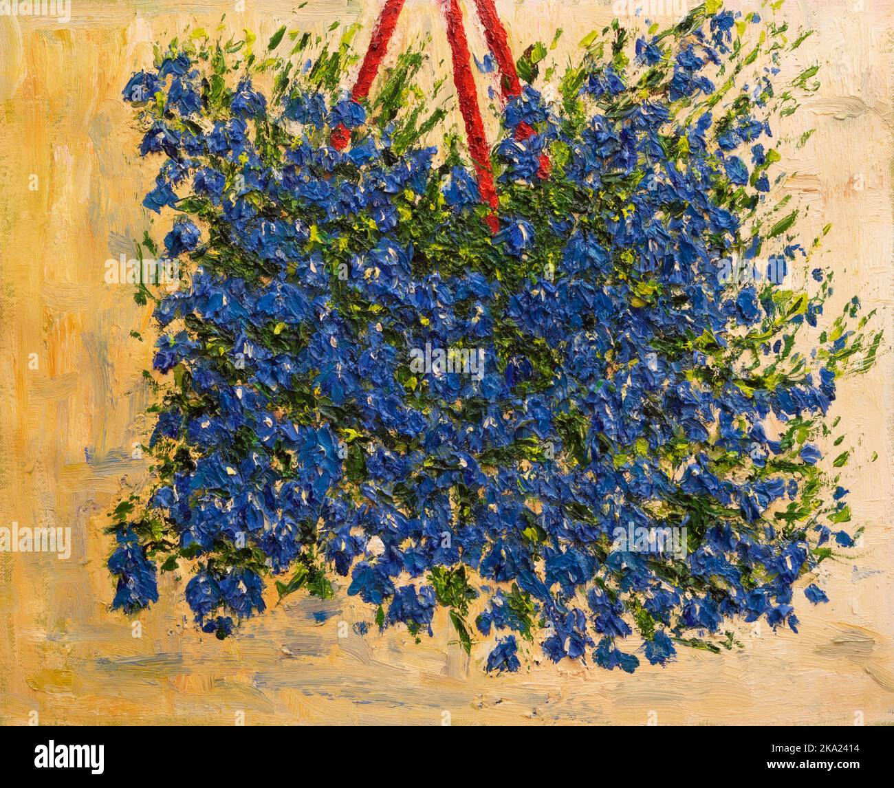 Blooming Lobelia in a pot on the wall. Original painting, oil on canvas ...