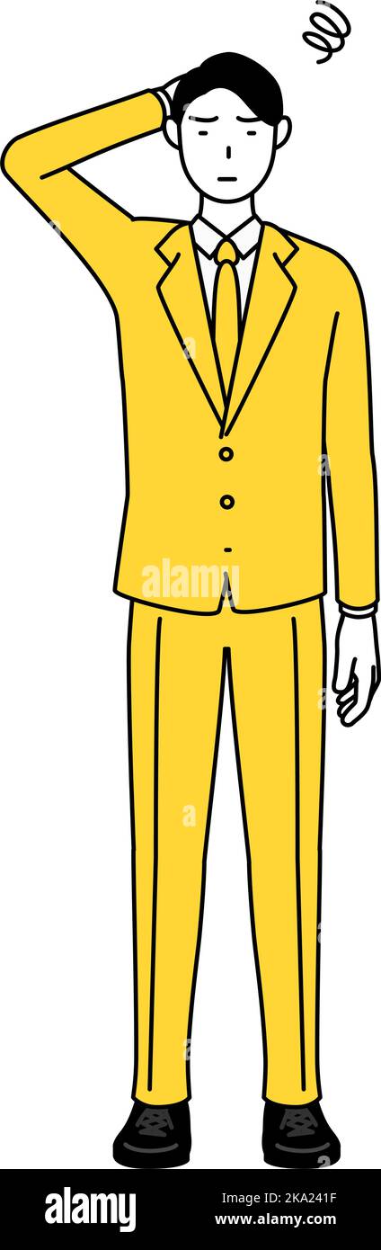 Simple line drawing illustration of a businessman in a suit scratching his head in distress ...