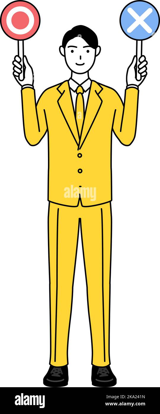 Simple line drawing illustration of a businessman in a suit holding a ...