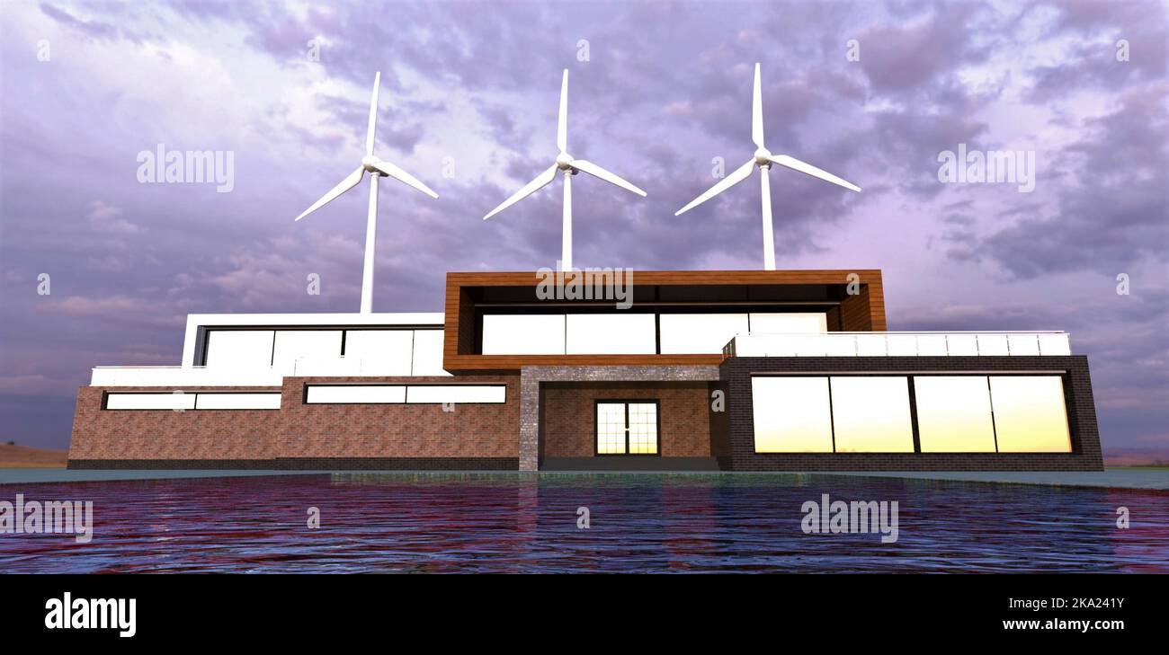 Smart house with a lake on the territory of a wind farm. Thunderclouds ...