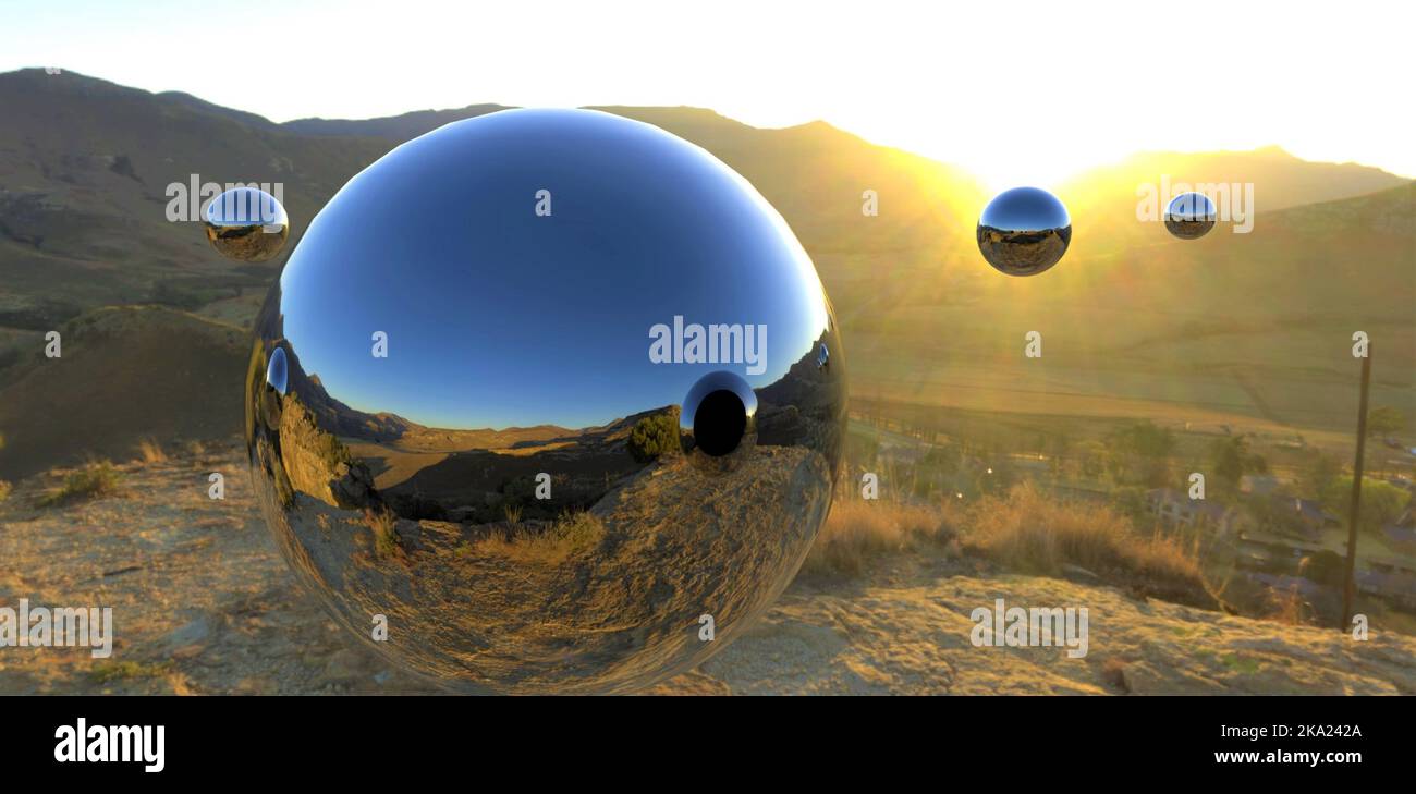 Large steel balls with a reflective surface fly through the air over a ...