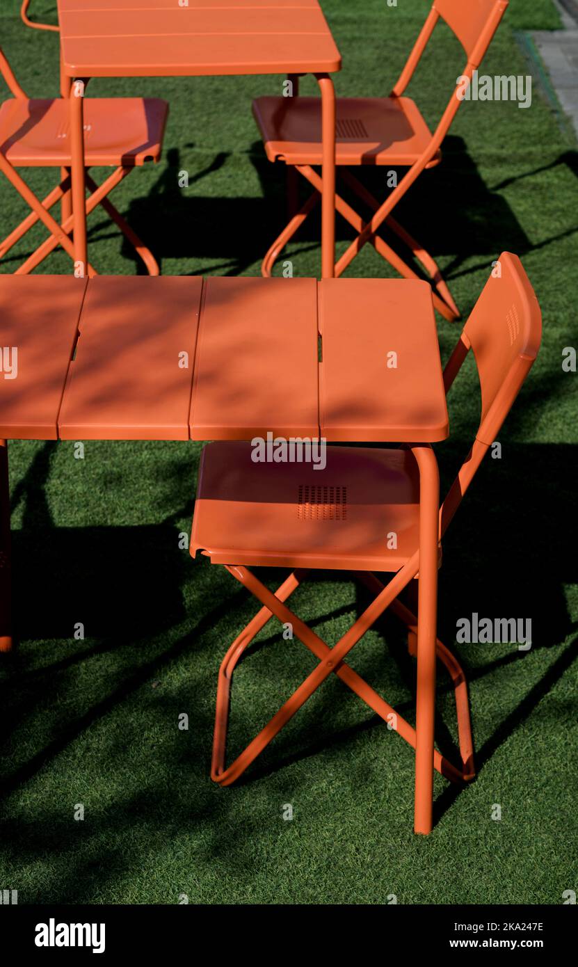 Empty red Table with Chair. restaurant cafe with steel tables Stock ...