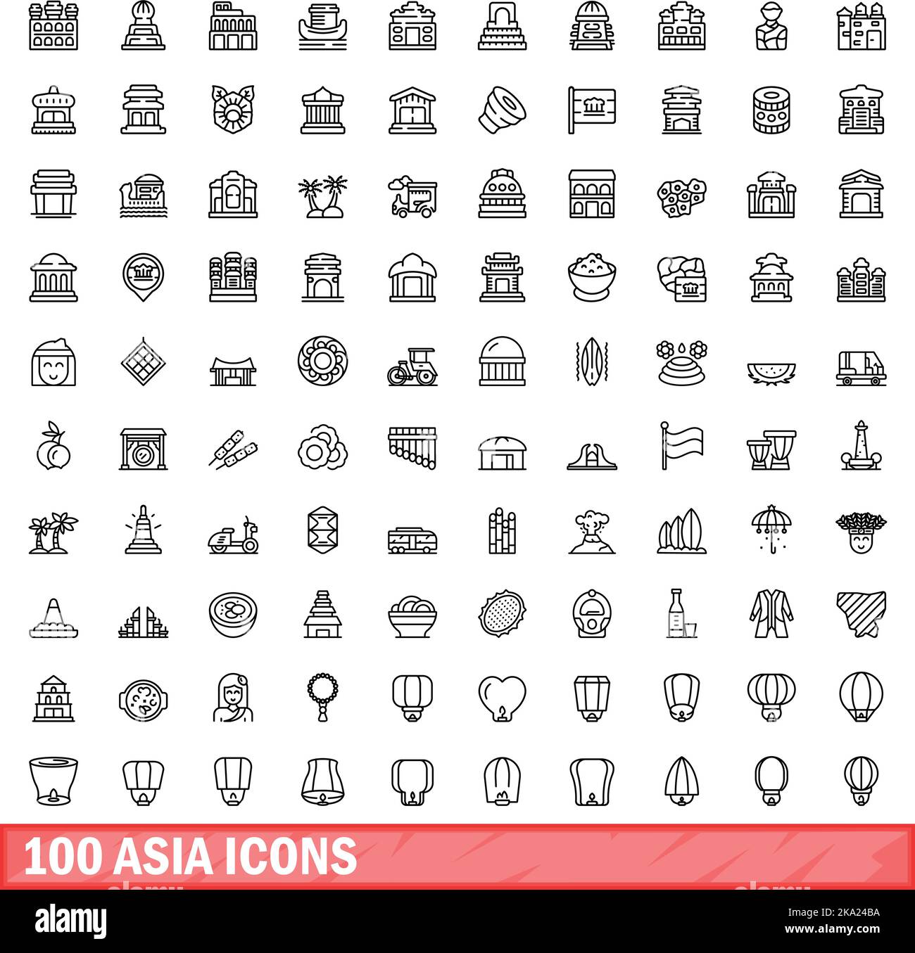 100 asia icons set. Outline illustration of 100 asia icons vector set ...