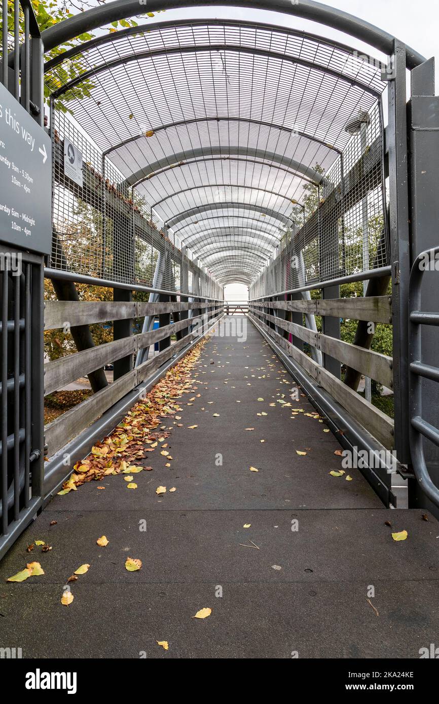 Metal overhead walkway leading to Western Favell shopping centre ...