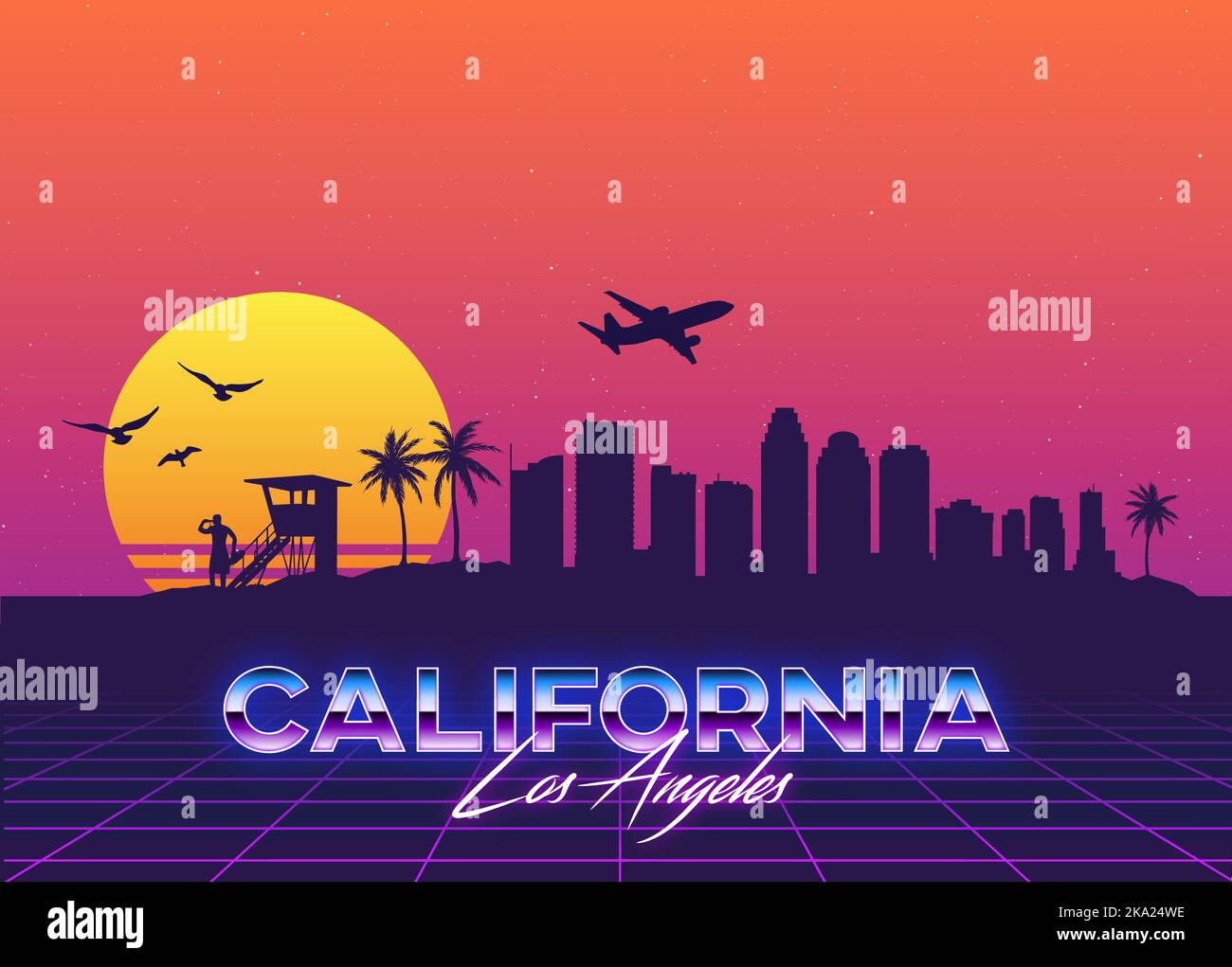 Los Angeles California Usa Skyline Synthwave Vaporwave Retro Vactor Graphic Palms Stock Vector