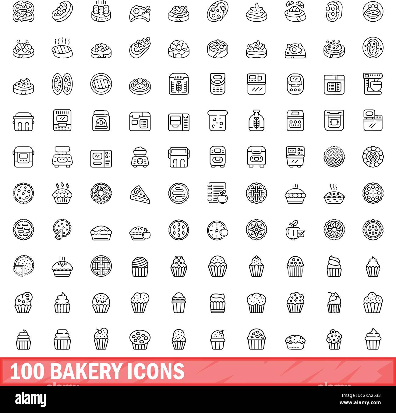 100 bakery icons set. Outline illustration of 100 bakery icons vector ...