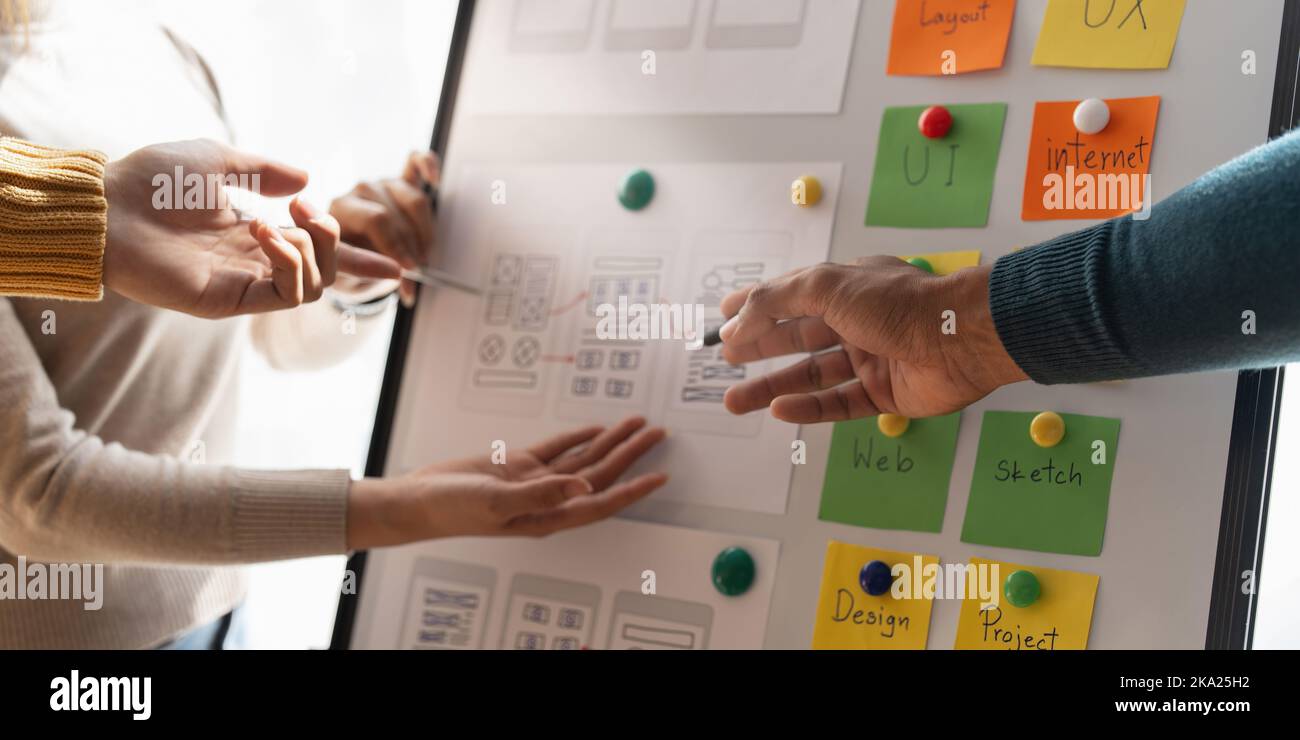 Group of ux developer and ui designer brainstorming about app interface ...