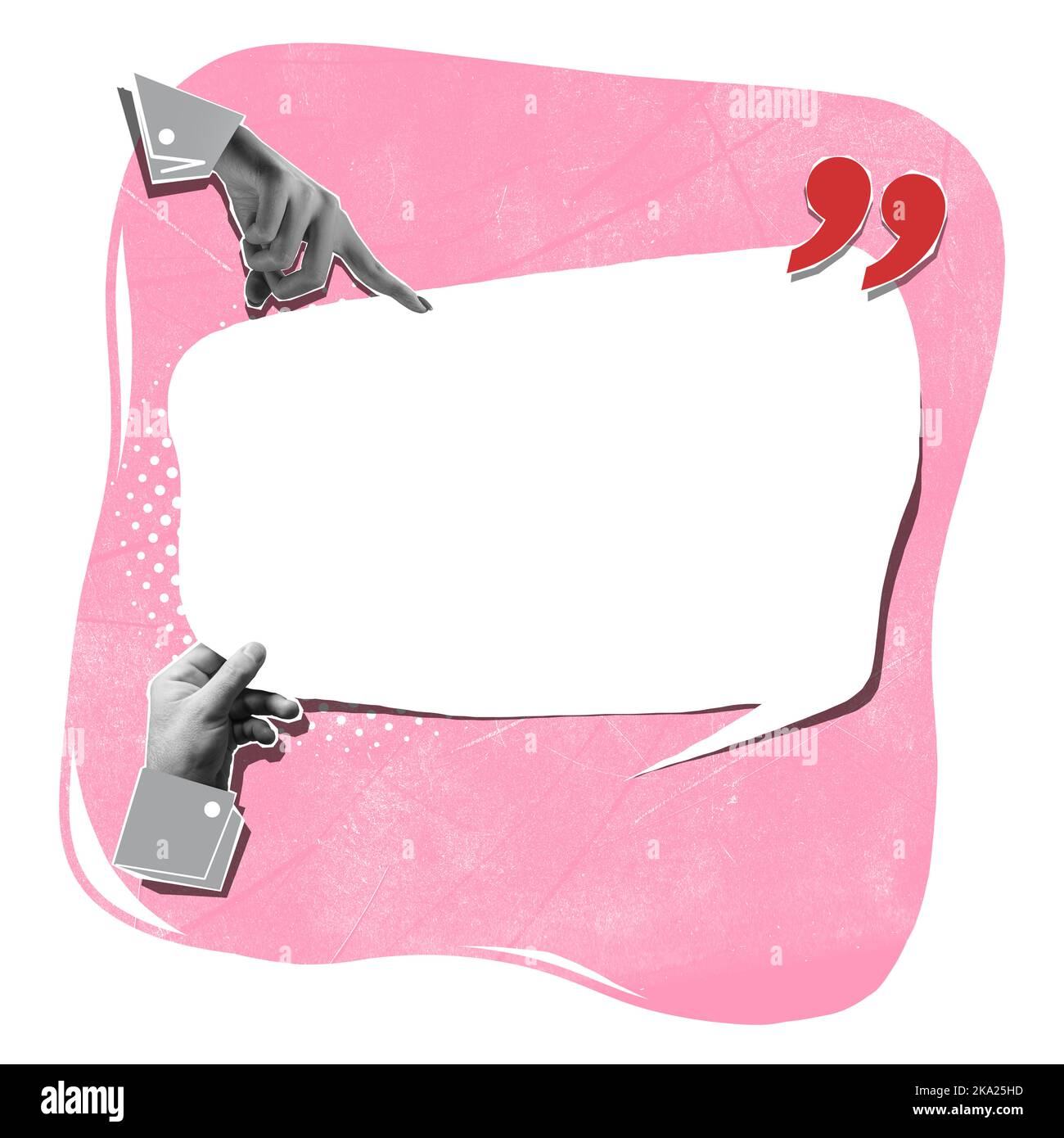 Human hands with white geometric shape speech bubble over light pastel ...