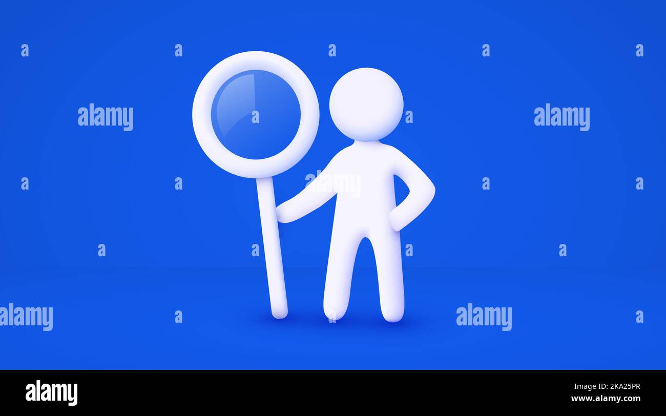 3d white cartoon man holding big magnifying glass. Analyze concept ...