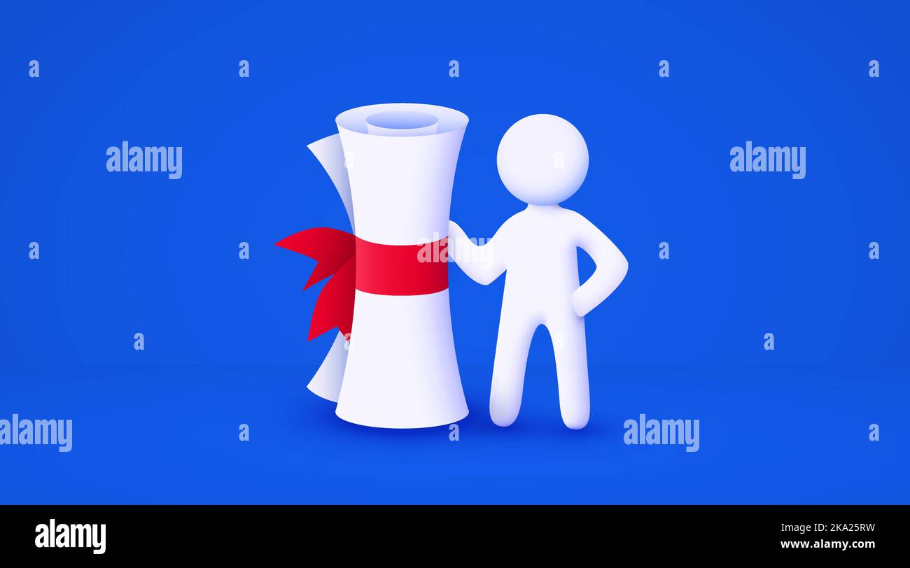 3d white cartoon man holding big diploma or certificate. Education ...
