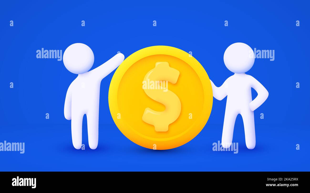 3d white cartoon man holding big golden coin. Finance concept. Isolated ...