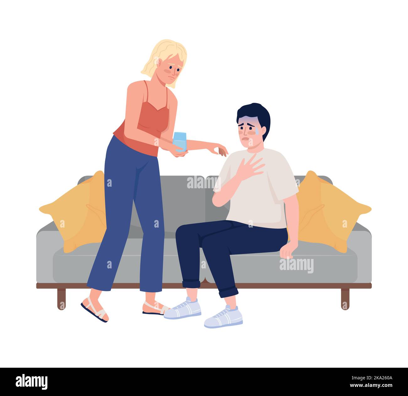 Woman calming down stressed friend semi flat color vector characters ...