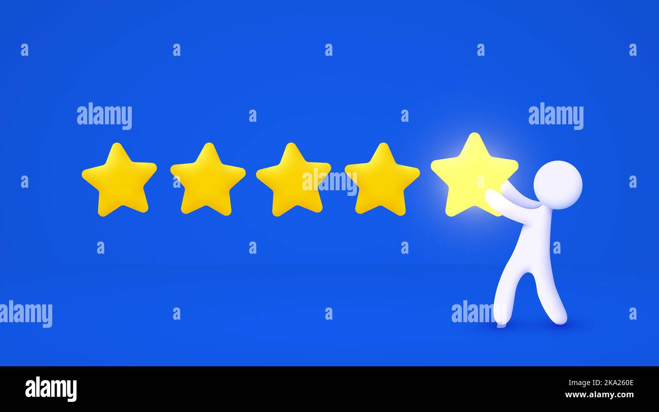 3d white cartoon man pointing five gold star rating. Feedback concept ...