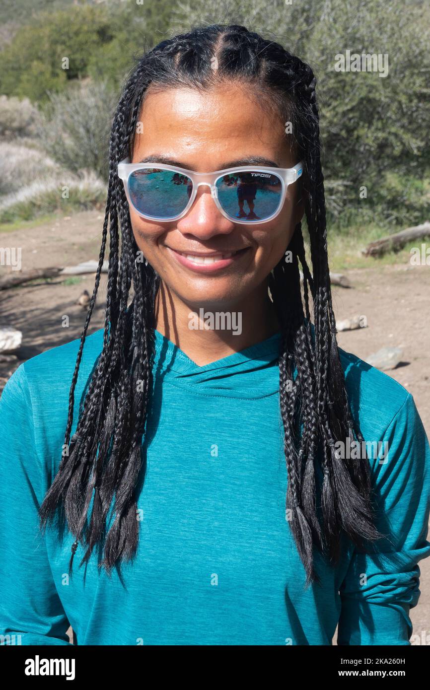 Happy hiker with braids, Pacific Crest Trail, Julian, California, USA ...