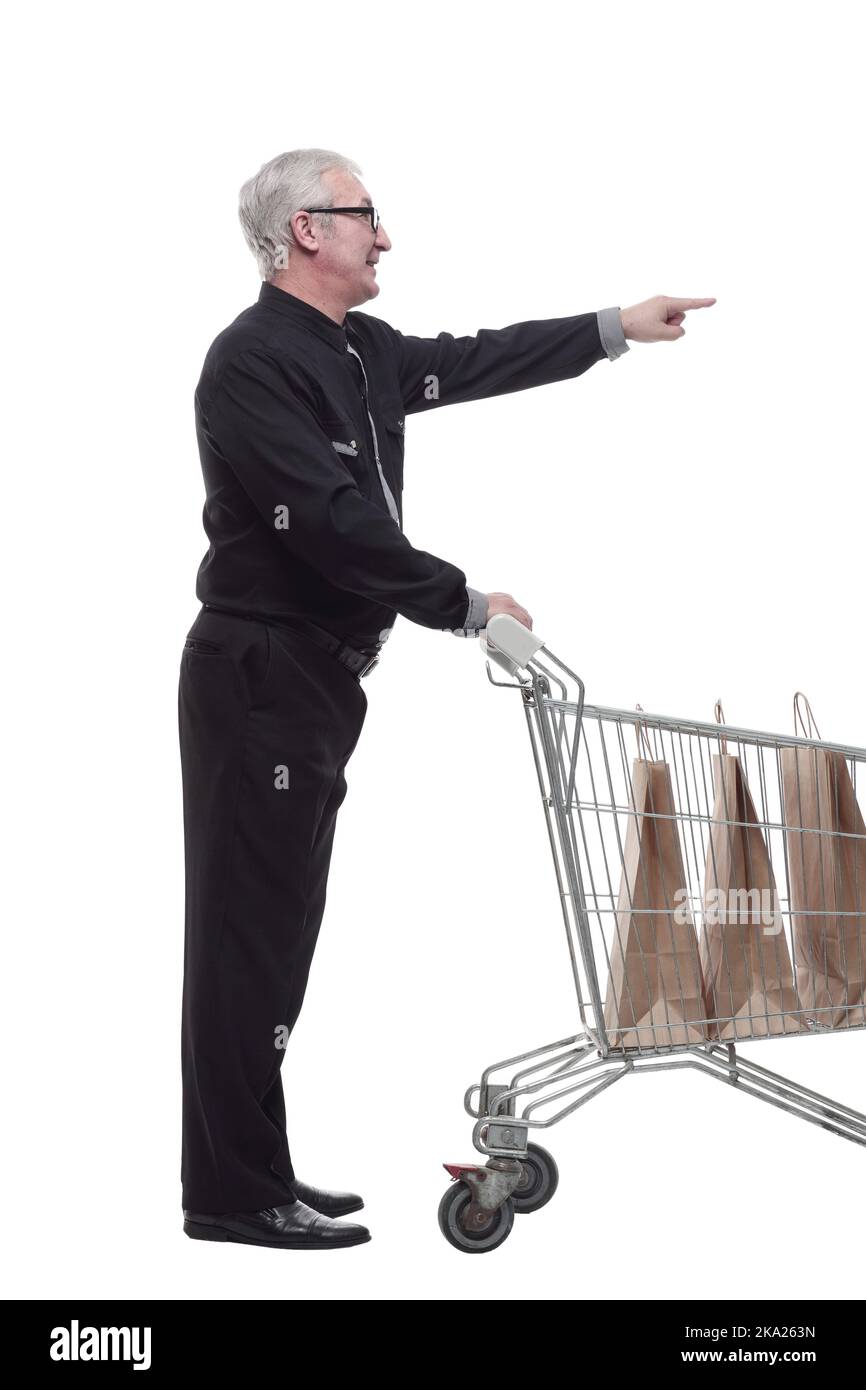 in full growth. happy old man with a shopping cart Stock Photo - Alamy